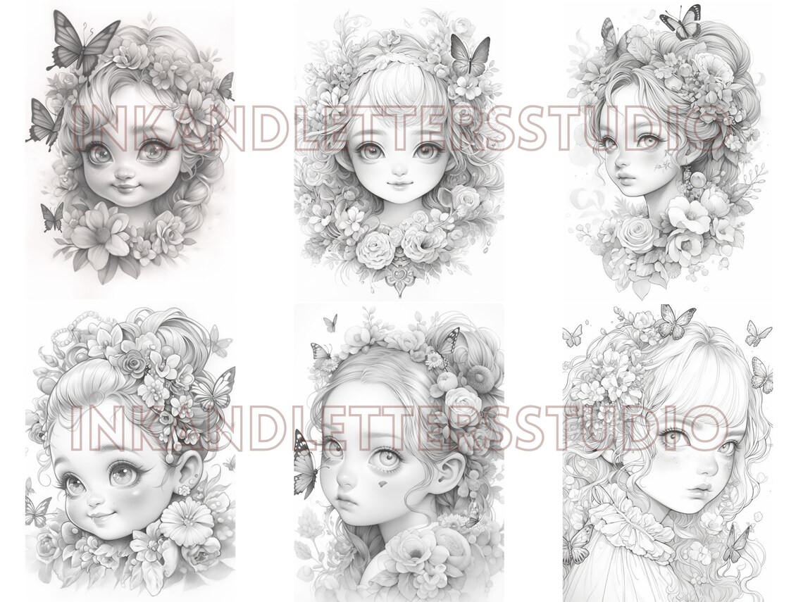 Cute Flower Fairy Girls Coloring Page Grayscale Adult Printable ...