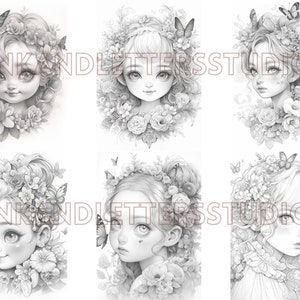 Cute Flower Fairy Girls Coloring Page Grayscale Adult Printable ...