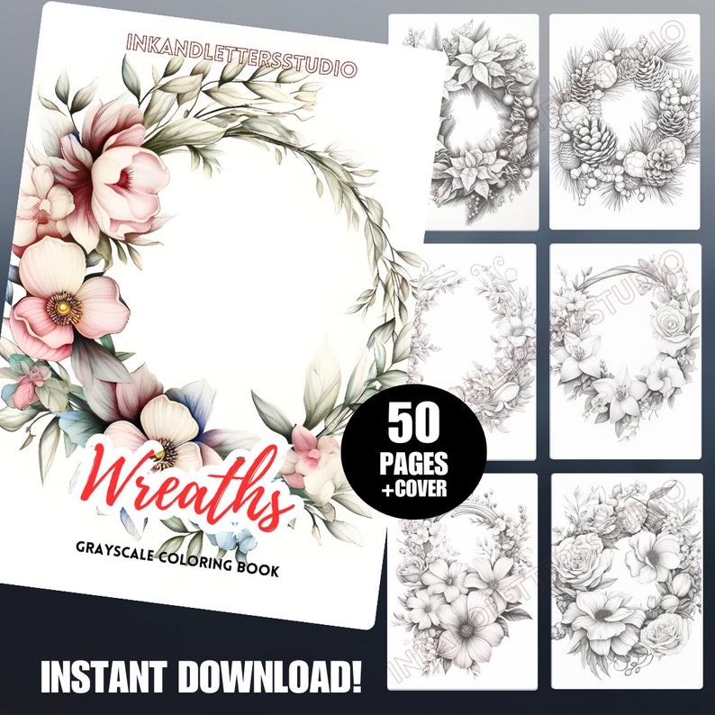 Wreaths Coloring Page Grayscale Adult Printable Coloring Page for Adult ...
