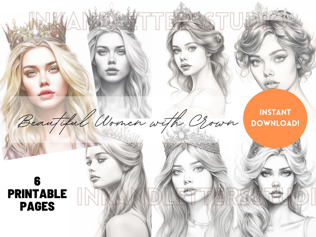 Beautiful Women With Crown Coloring Page Grayscale Adult Printable ...