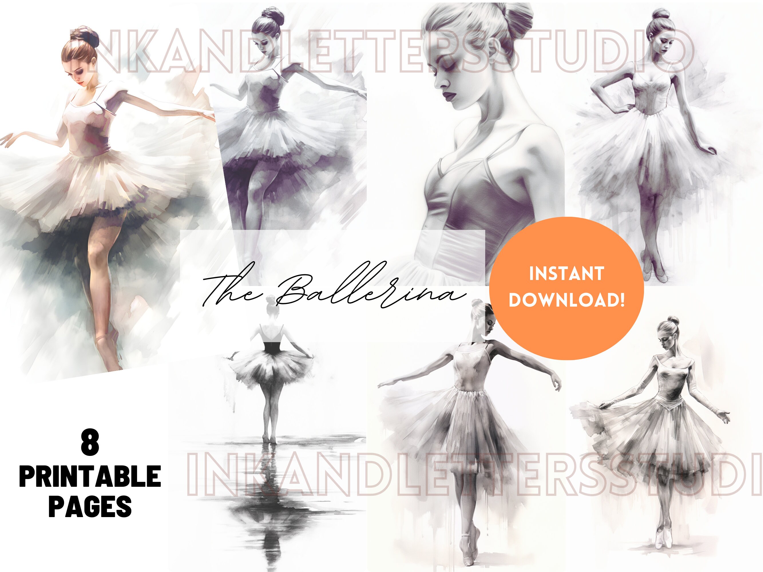 The Elegant Ballerina Coloring Page Adult Printable Grayscale Coloring ...