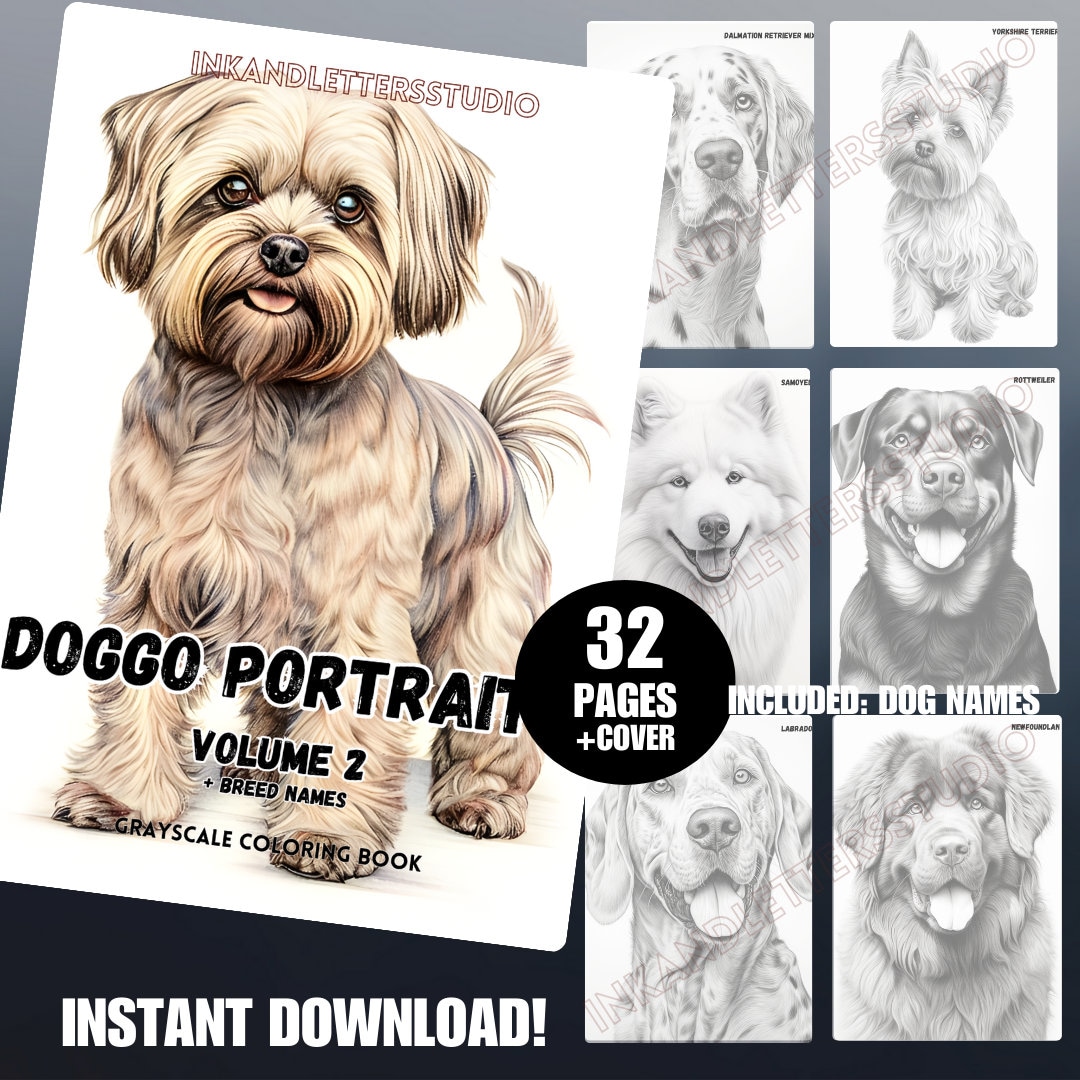 Doggo Portraits Volume 2 Coloring Page Grayscale Adult Printable ...