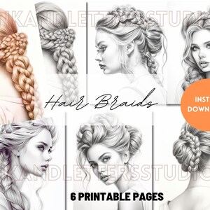 Beautiful Hair Braids Coloring Page Grayscale Adult Printable Coloring ...