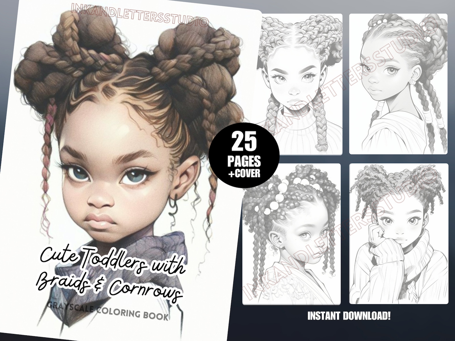 Cute Toddlers With Braids Coloring Page Grayscale Adult Printable ...