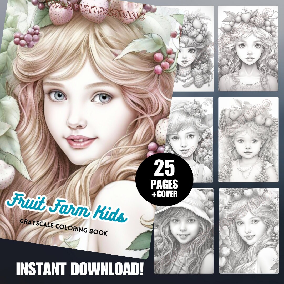 25 Fruit Farm Kids Coloring Page Grayscale Adult Printable Coloring ...