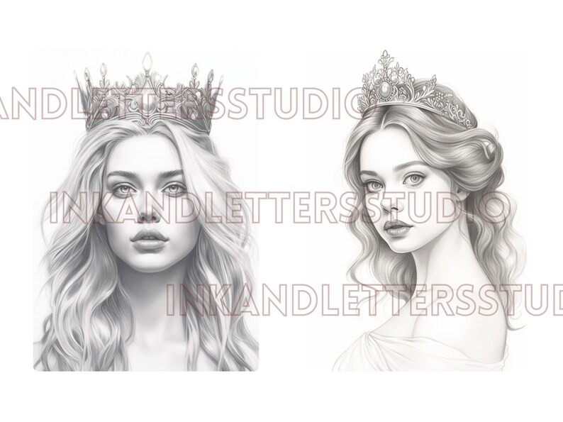 Beautiful Women With Crown Coloring Page Grayscale Adult - Etsy