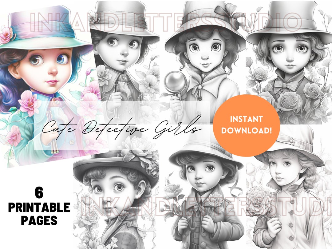 Cute Detective Girls Coloring Page Grayscale Adult Printable Coloring ...