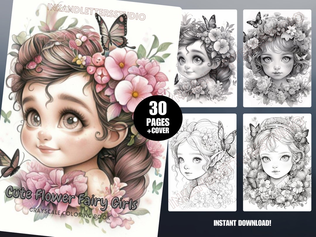 Cute Flower Fairy Girls Coloring Page Grayscale Adult Printable ...
