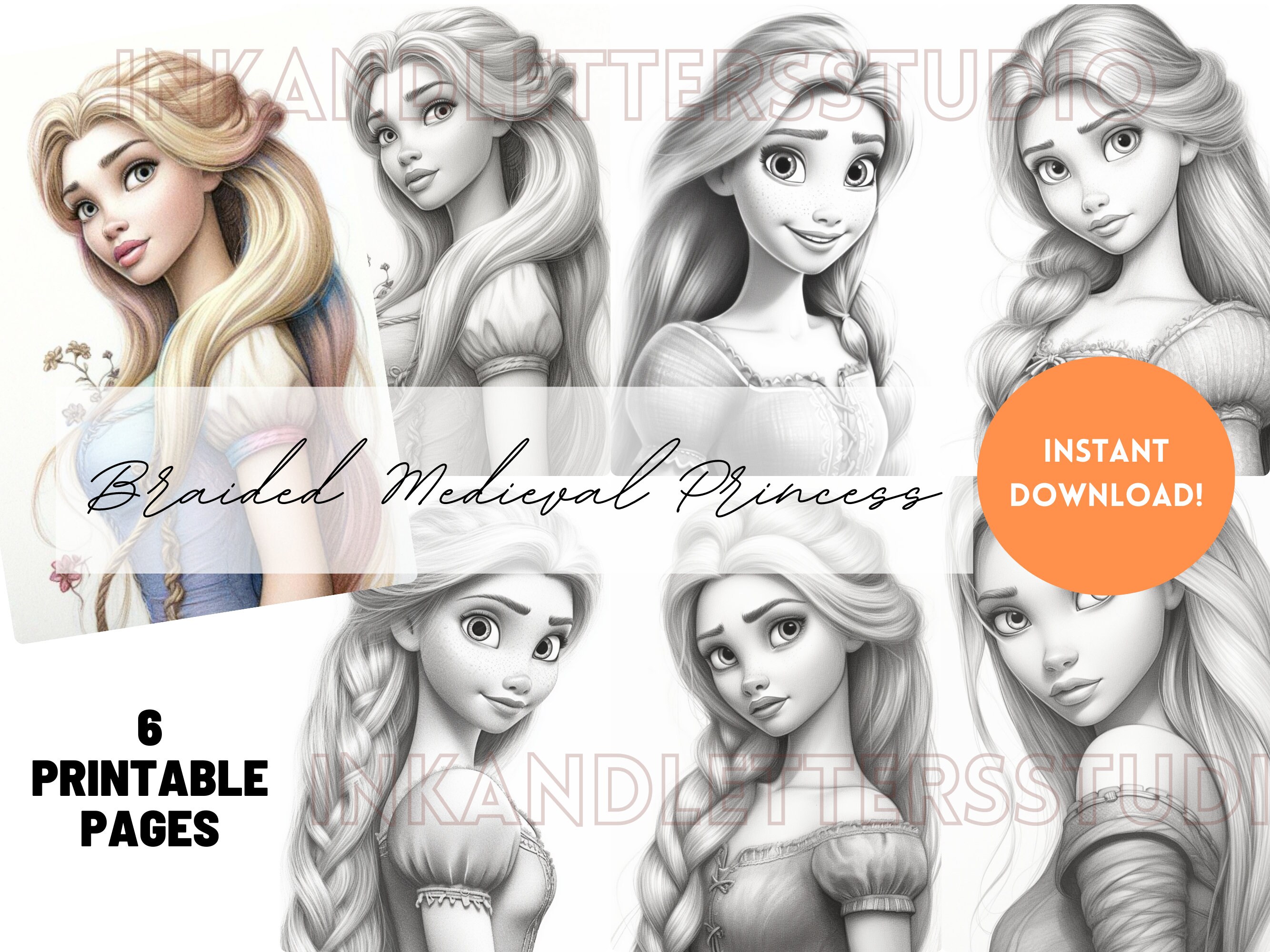 Braided Medieval Princess Coloring Page Adult Printable Grayscale ...