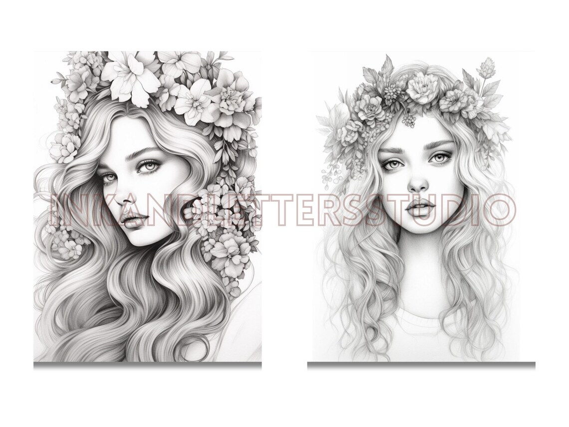 Women Hair Flower Crown Coloring Page Grayscale Adult Printable ...