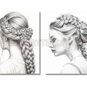 Beautiful Hair Braids Coloring Page Grayscale Adult Printable Coloring ...