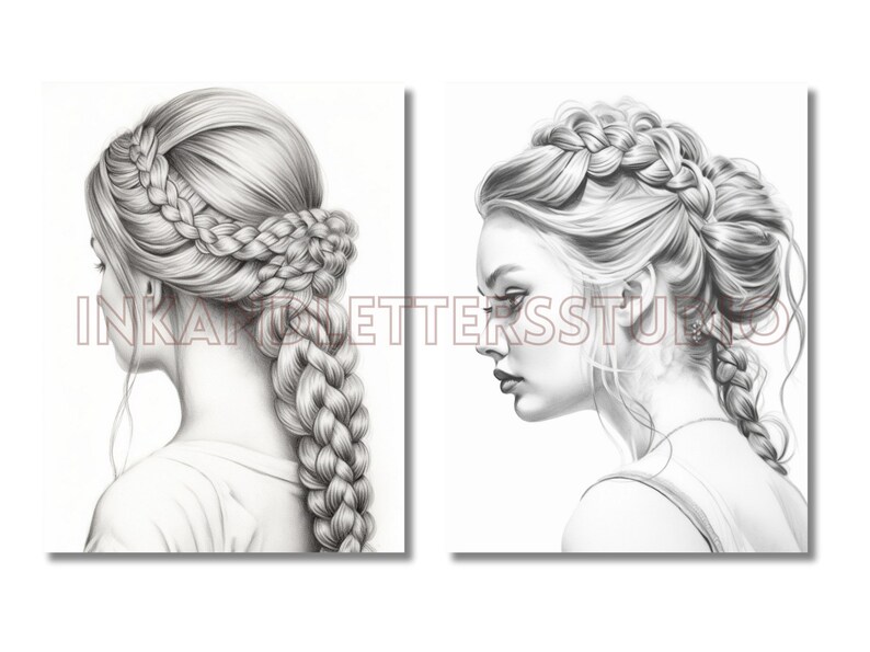 Beautiful Hair Braids Coloring Page Grayscale Adult Printable Coloring ...
