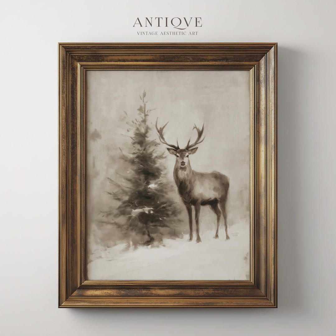 Deer in Snowy Forest | Neutral Winter Wildlife Print | Digital Download ...