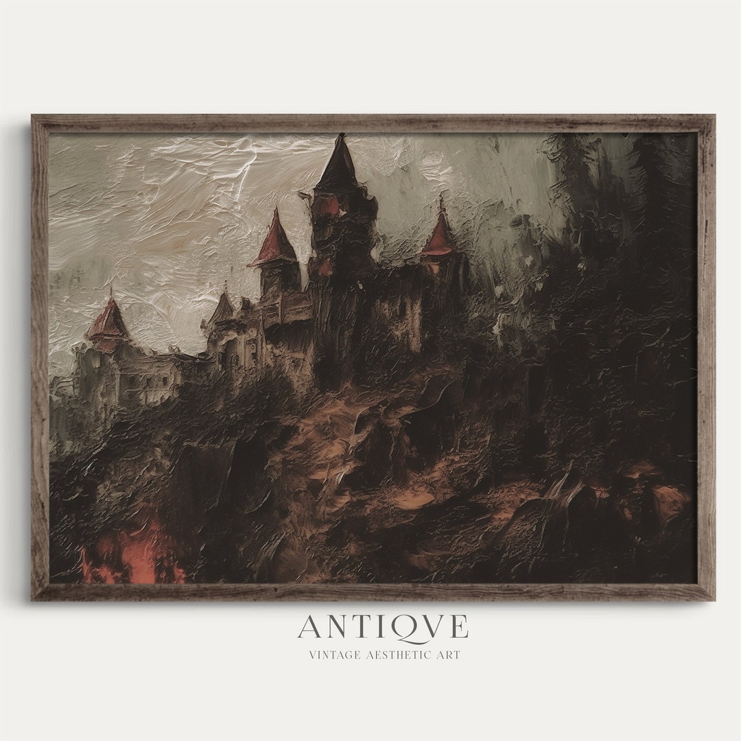 Dark Oil Painting of Castle on Fire Cliff | Halloween Printable Decor ...
