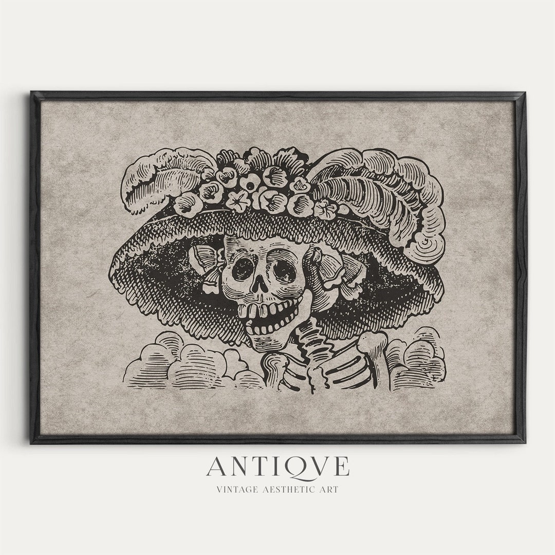 Vintage Sketch of a Woman Skull With a Hat | Neutral Drawing Halloween ...