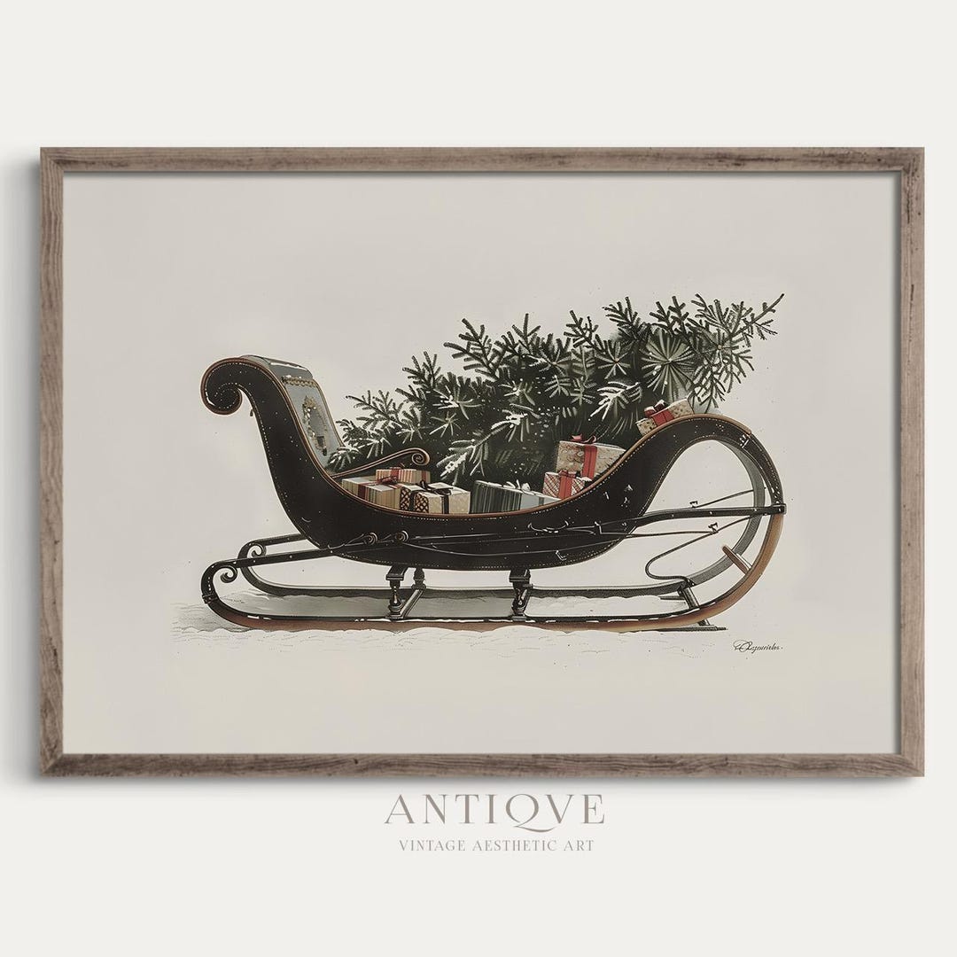 Vintage Sleigh With Christmas Tree Printable | Christmas Botanical Art ...