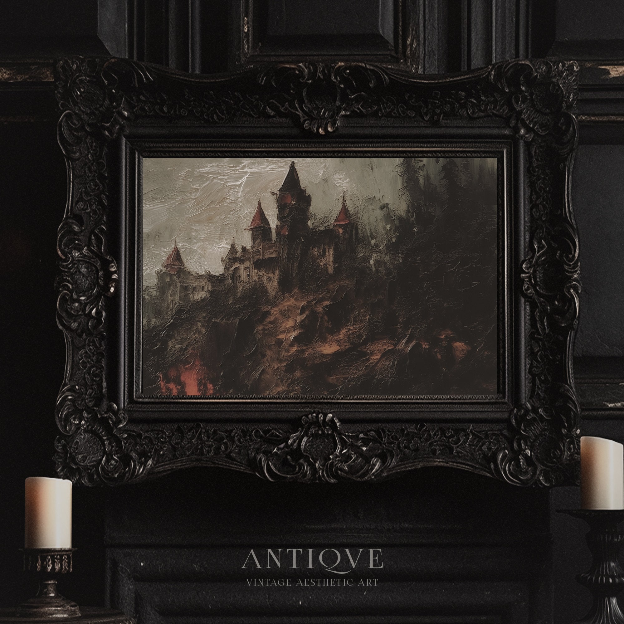 Dark Oil Painting of Castle on Fire Cliff Halloween - Etsy