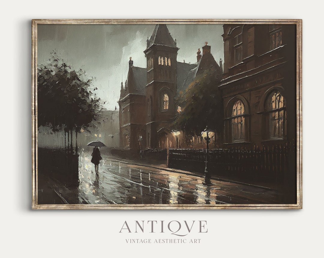 Moody Rainy Victorian City Street | Dark Umbrella in the Rain Oil ...
