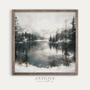 Winter Lake Landscape Painting | Square Nature Print | Rustic Christmas ...