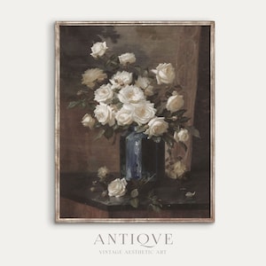Moody Vintage Still Life | White Roses in Dark Blue Vase Oil Painting ...