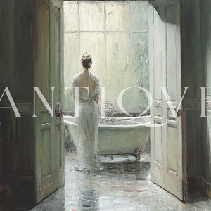 Blue Antique Bathroom Woman Painting | Evocative Atwork Printable Art ...