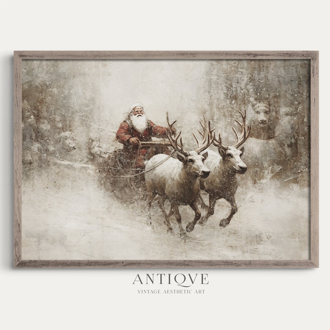 Santa Claus on Sled Reindeers Father Christmas on Sleigh Rustic ...