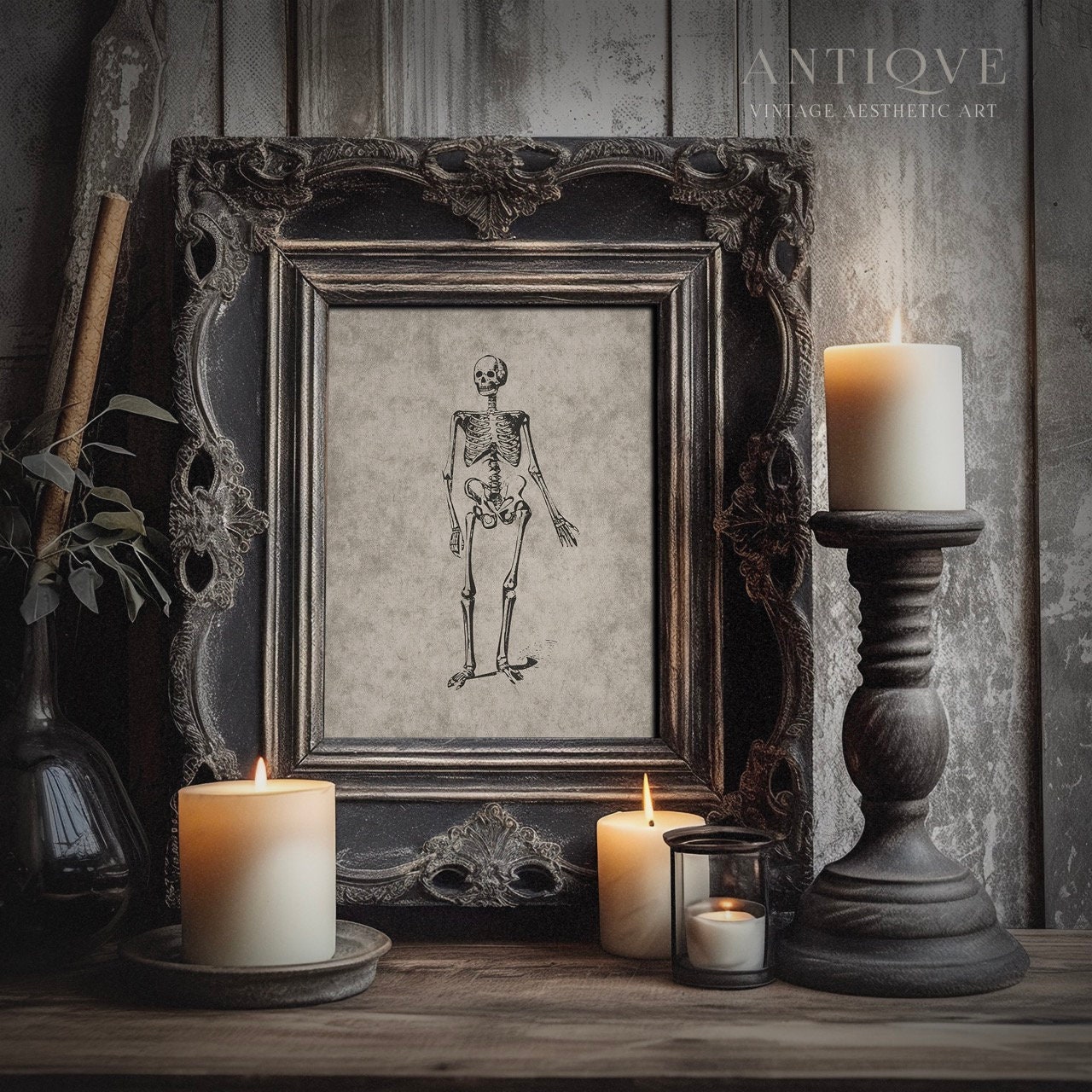 Vintage Skeleton Sketch | Neutral Halloween Art | Gothic Rustic Print ...