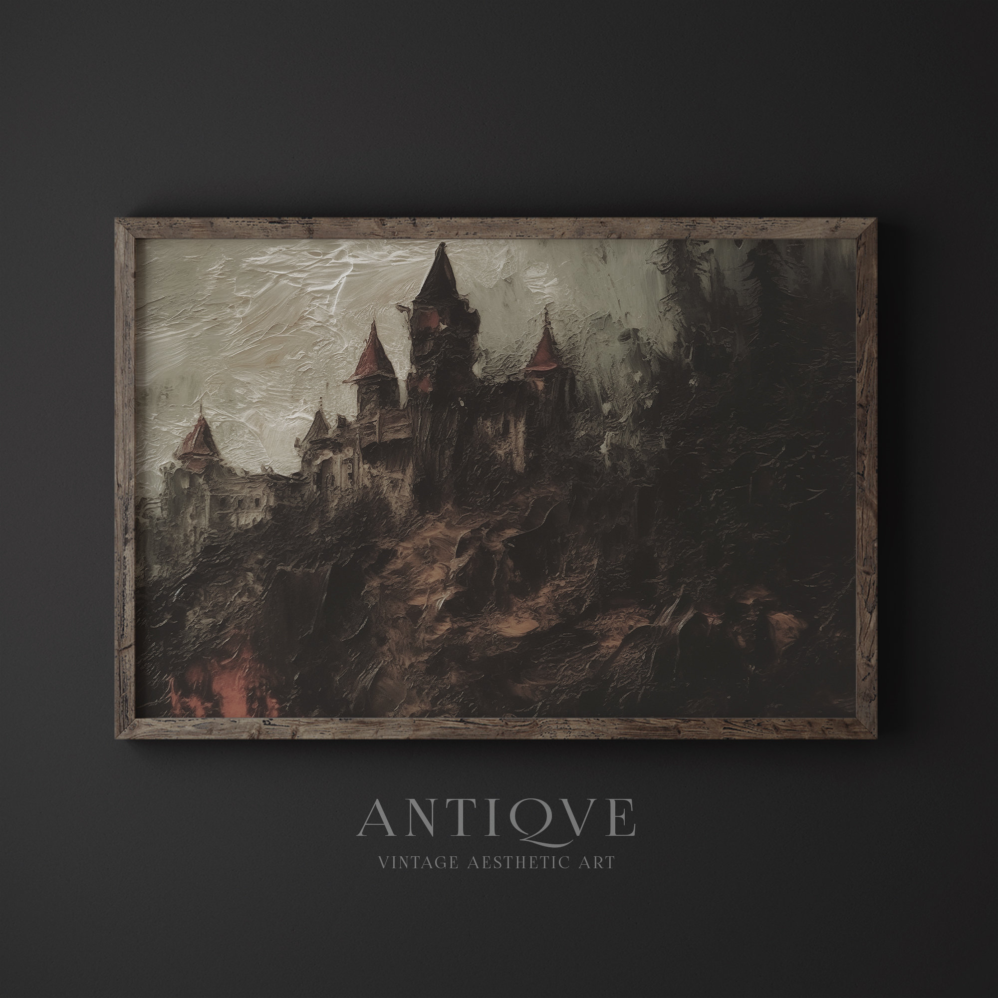 Dark Oil Painting of Castle on Fire Cliff Halloween - Etsy