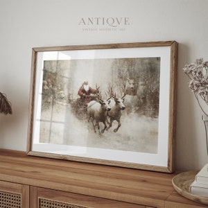 Santa Claus on Sled Reindeers Father Christmas on Sleigh Rustic ...