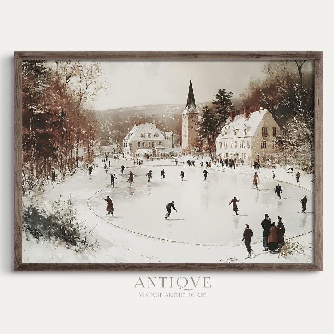 Vintage Winter Skating Scene Print | Rustic Christmas Decor | Digital ...