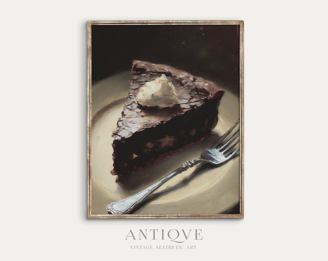 Moody Chocolate Cake and Cream Still Art Painting | Vintage Kitchen ...