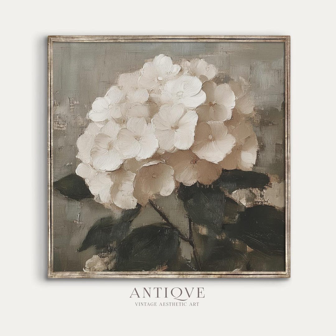 SQUARE Cream Hydrangea Painting | Vintage Floral Print | Muted Colors ...