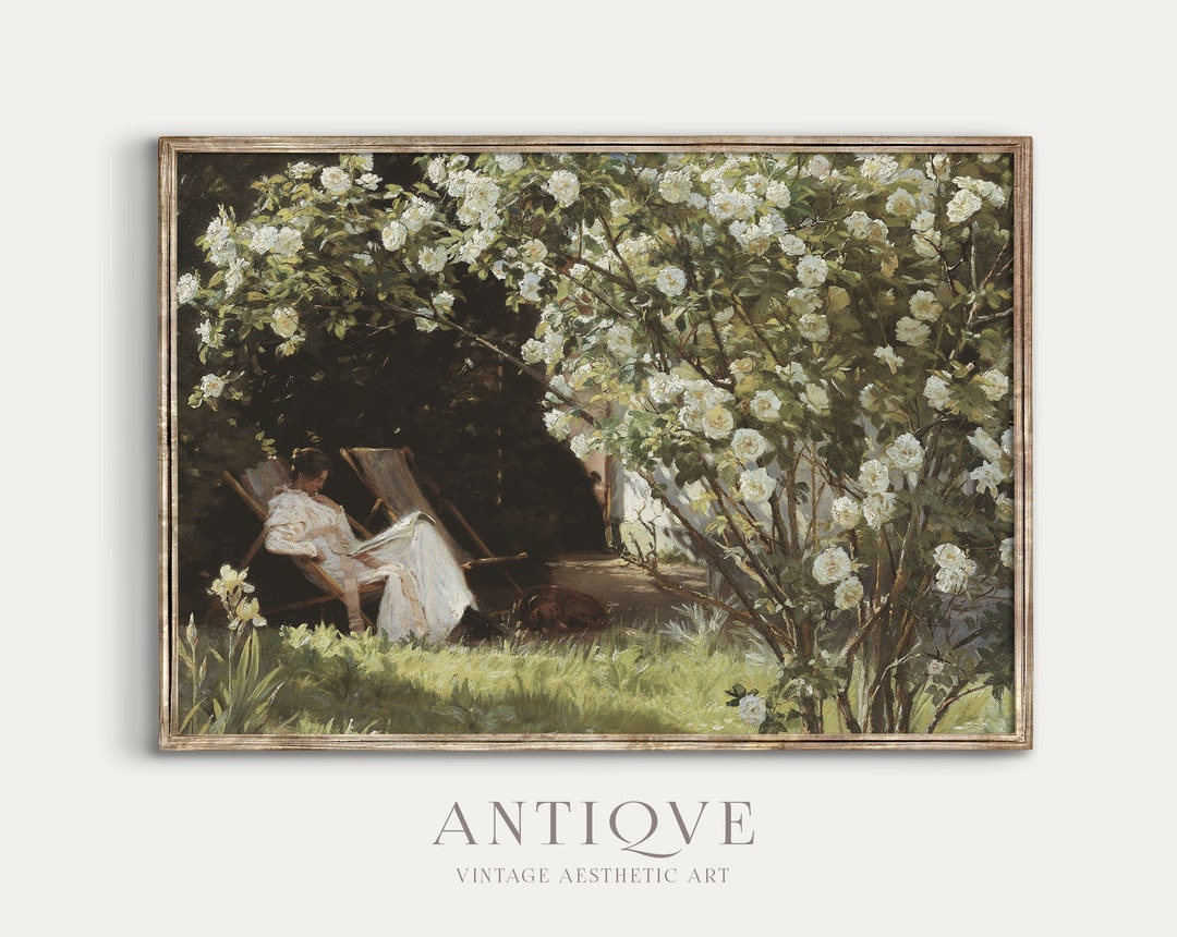 Vintage French Country Rose Garden Painting | Woman Reading With White ...
