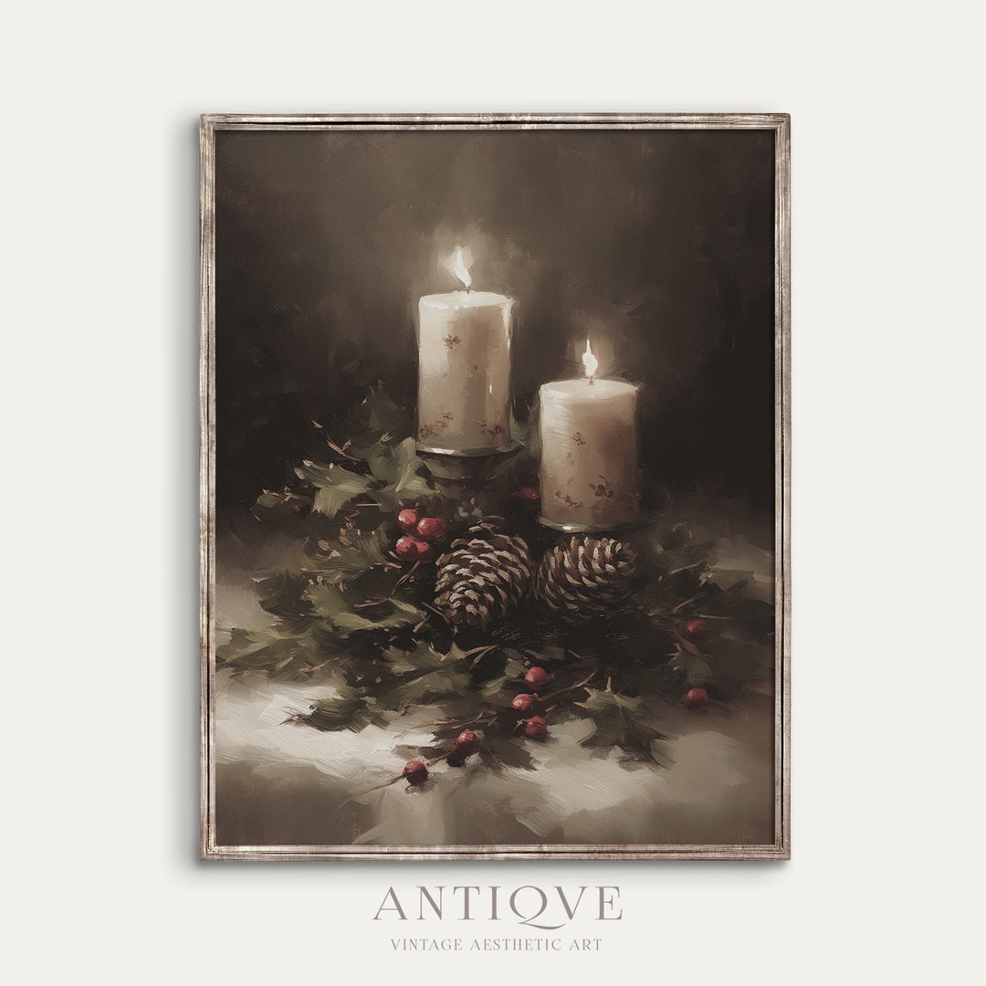 Christmas Candle Still Life Painting | Pinecone and Holly | Rustic ...
