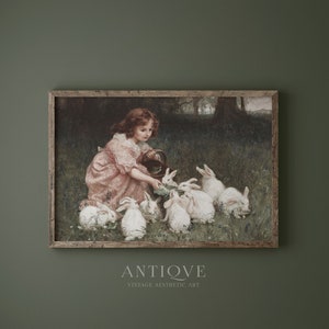 Little Girl Feeding Bunnies Painting | Girl in Field With Rabbits ...