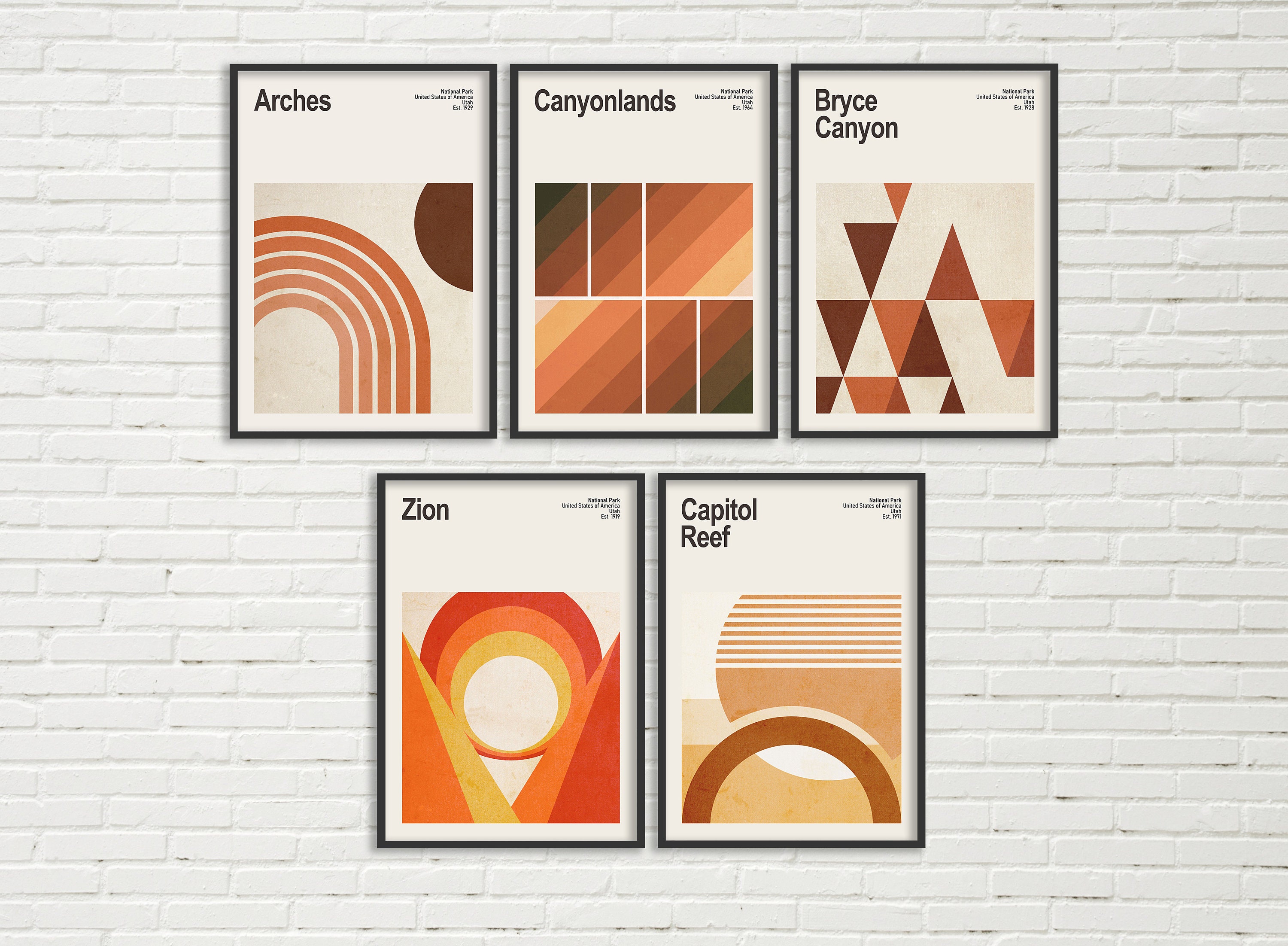 The Mighty 5 Poster Set National Park Mid-century Travel Poster ...