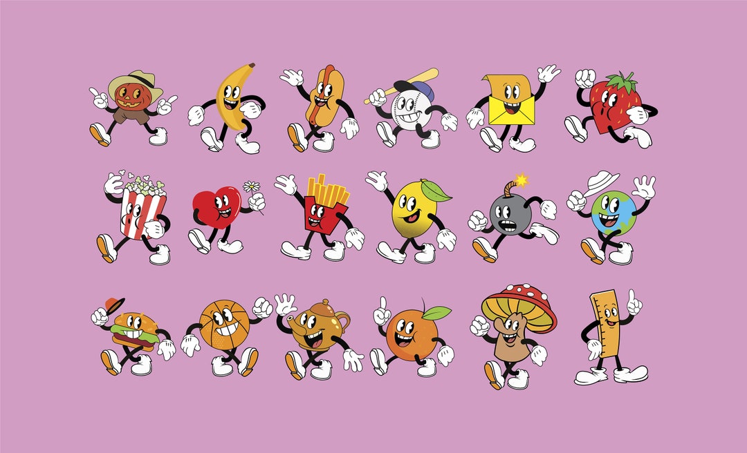 Big Set of Vintage Cartoon Mascots, Vector Flat Characters - Etsy