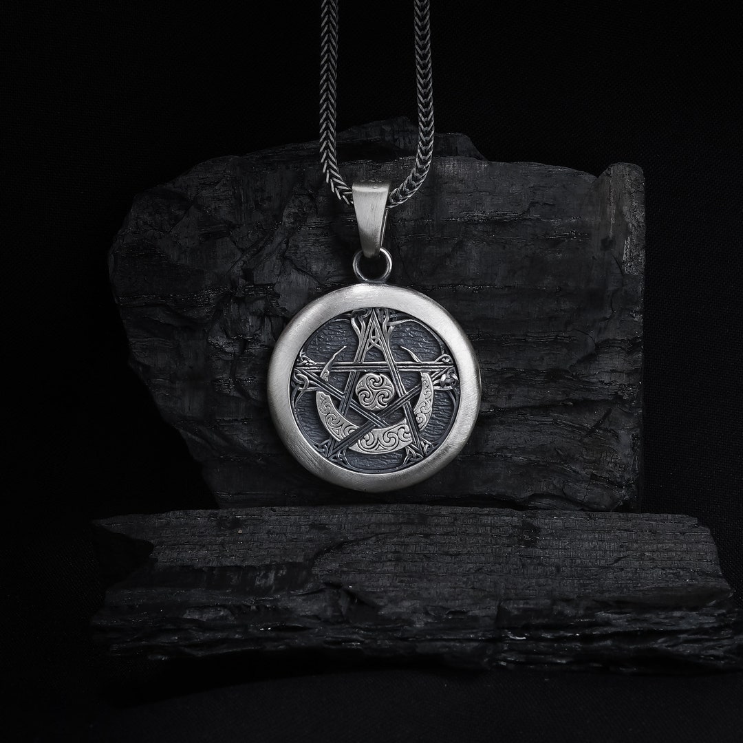 Silver Moon Necklace, Pentagram Necklace, Wiccan Necklace, Crescent ...