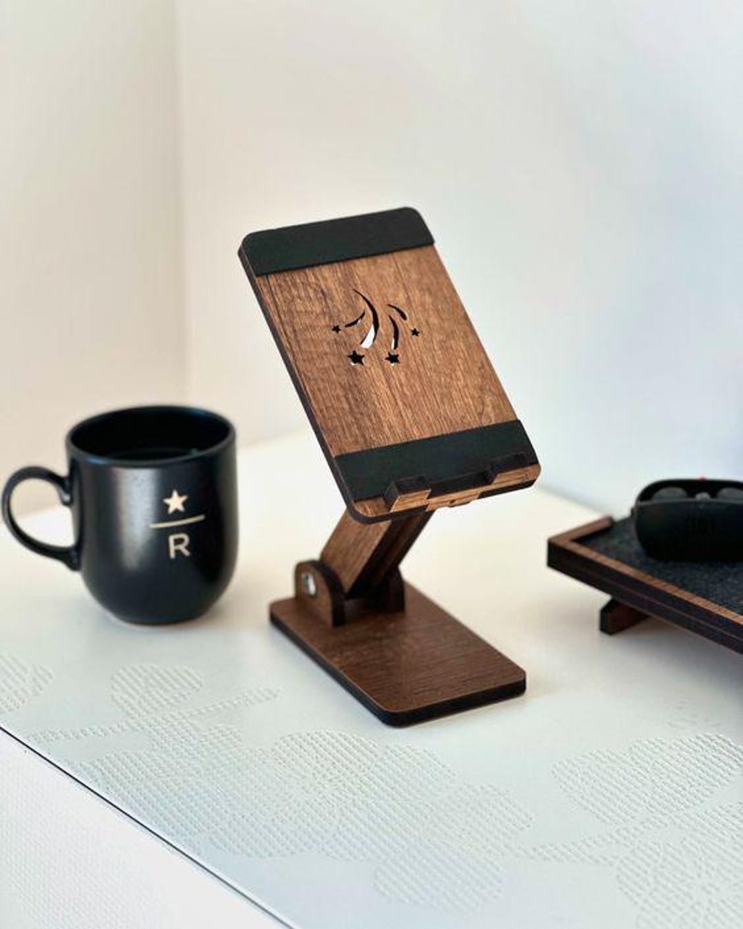 Height and Angle Adjustable Wooden Phone and Tablet Stand - Walnut or ...