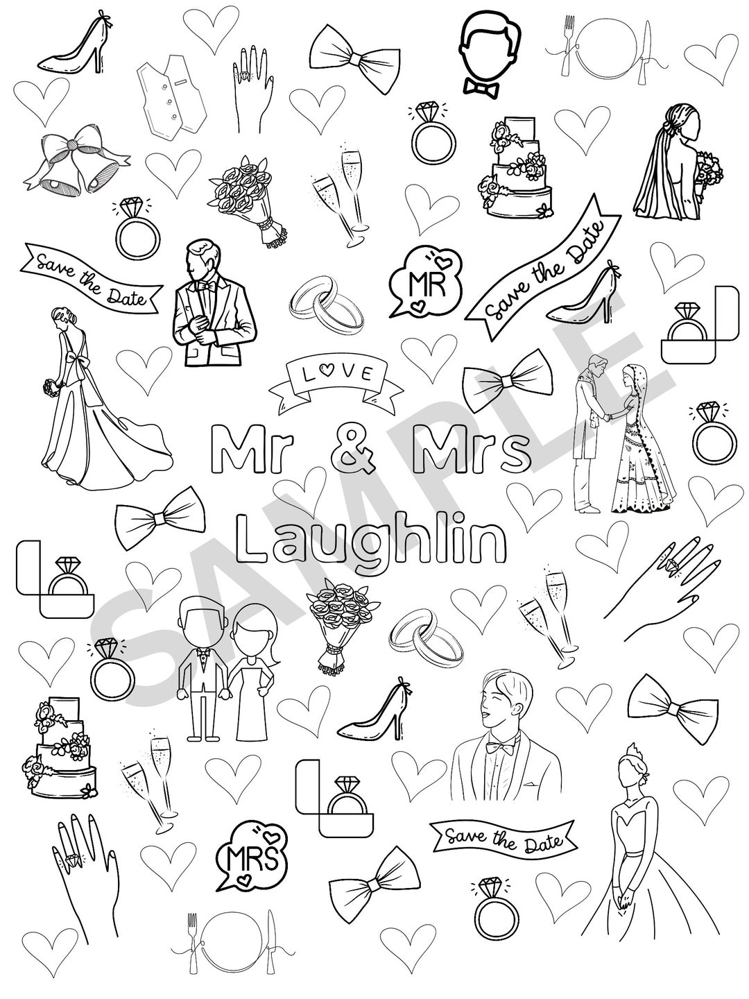 Custom Colouring Page Wedding, Engagement, Party Favours, Love, Wedding ...