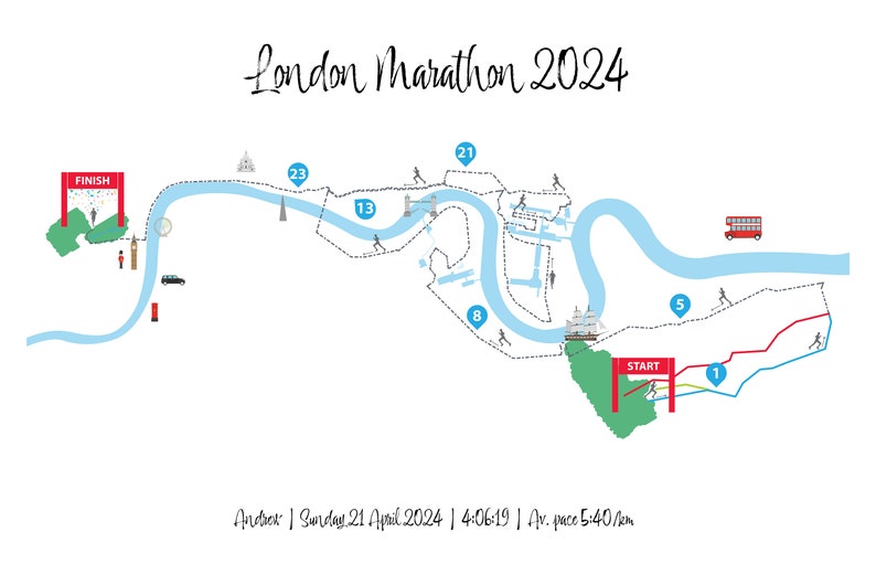 Personalised London Marathon Route Map Print Memorabilia - Etsy UK