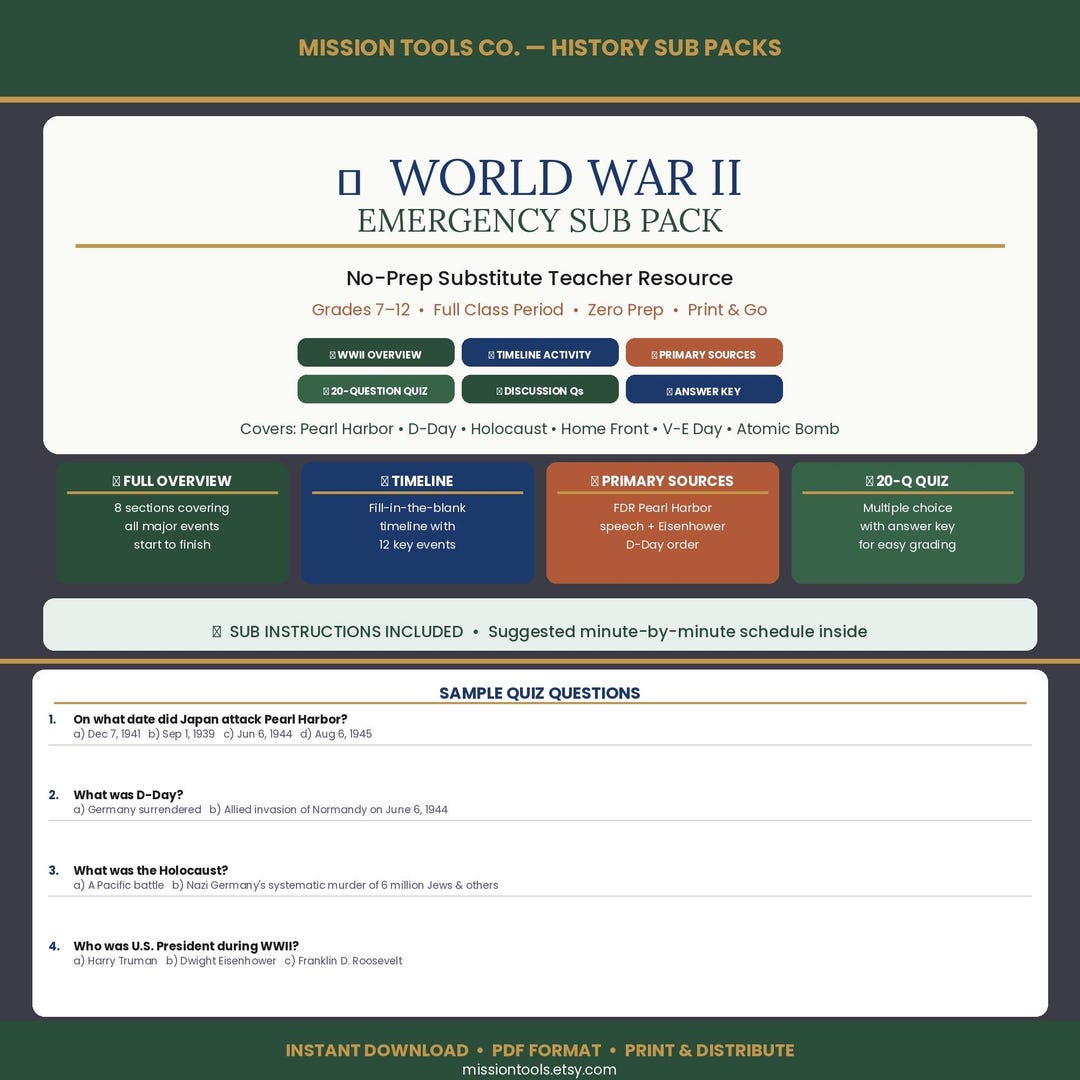 World War II Emergency Sub Pack | No-prep Substitute Teacher Resource ...