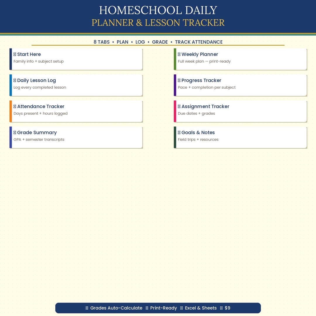 Homeschool Daily Planner Lesson Tracker | Attendance Grades Progress ...