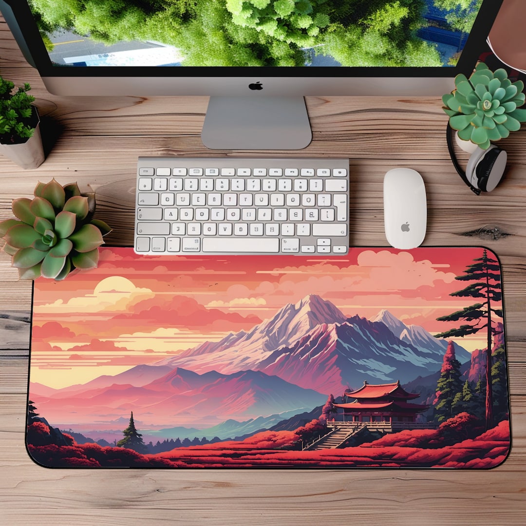 Cute Japanese Desk Mat With Pixel Art, Mousepad Retro Mountain View ...