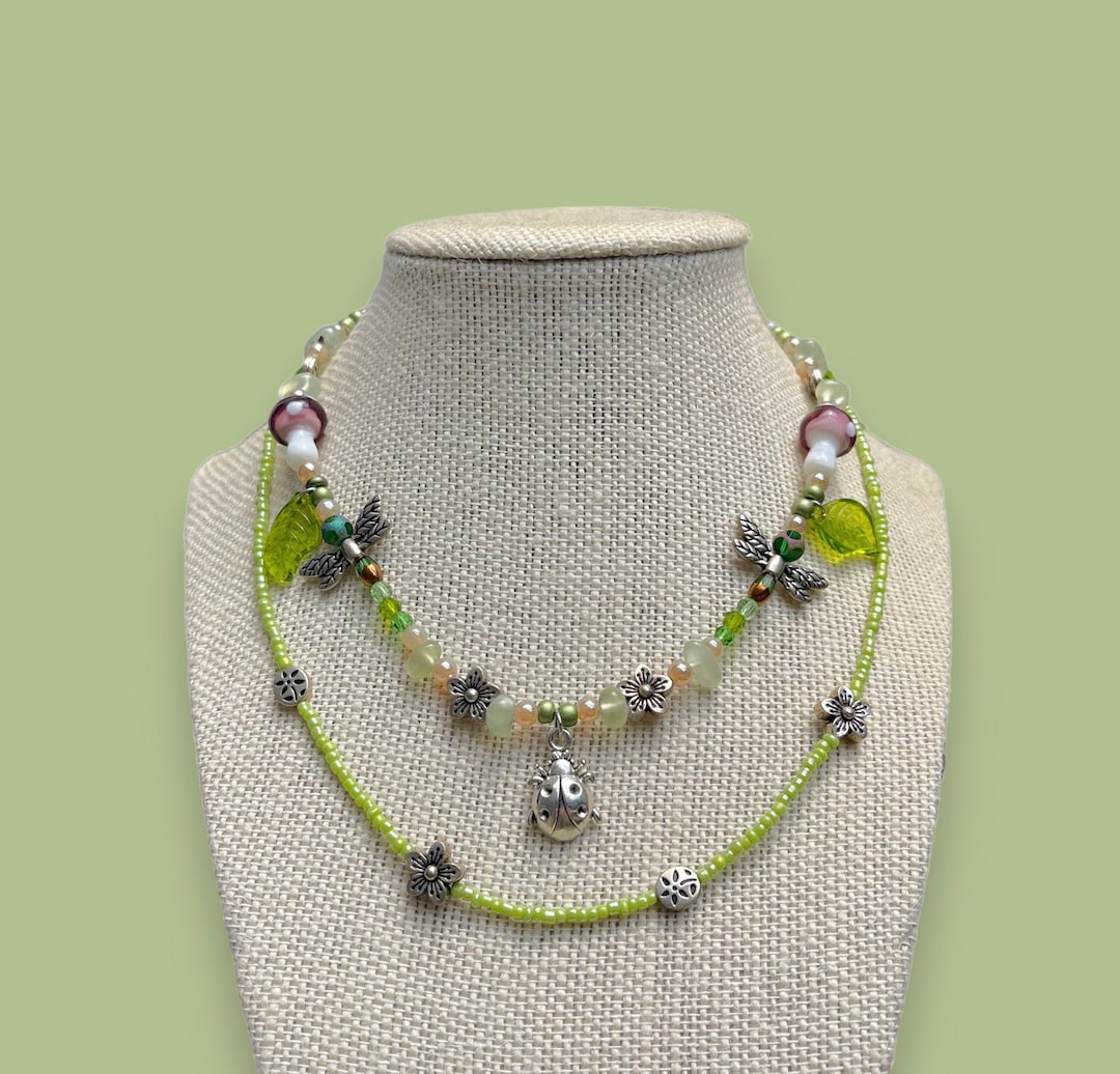 Mushroom Beaded Necklace, Fairy Necklace, Fairycore Crystal Necklace ...
