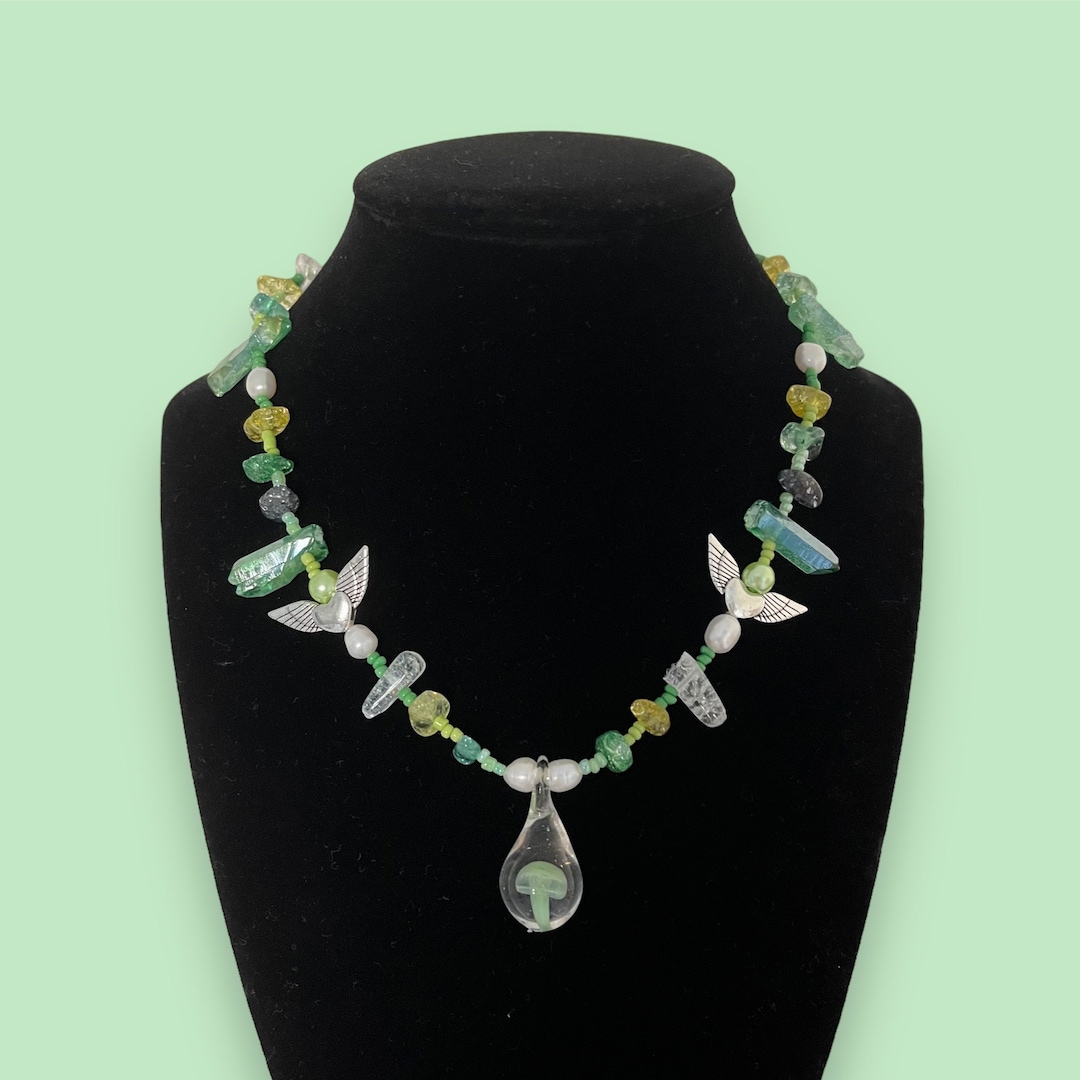 Green Fairy Necklace, Crystal Necklace, Fairycore Necklace, Angel Wings Necklace, Cottage-core ...