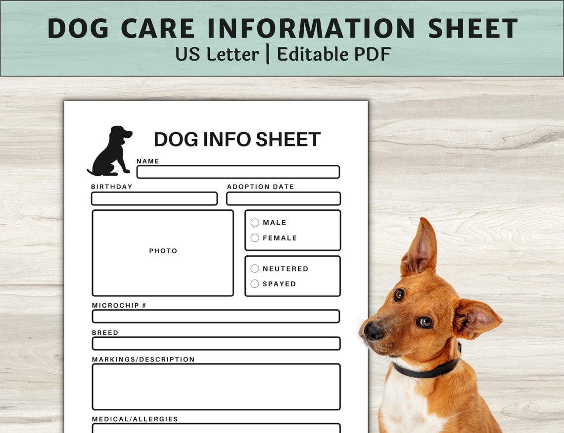 Pet Care Information Sheet Pet Planner Dog Care Sheet Dog - Etsy