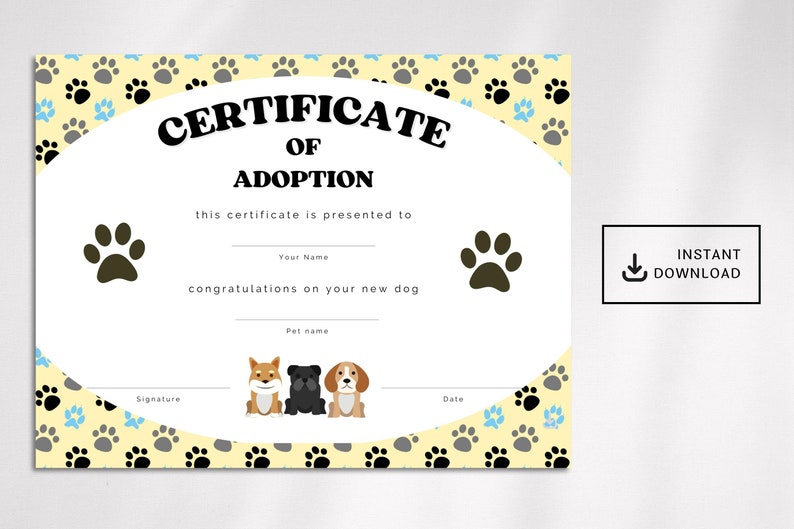 Pet Adoption Certificate, Dog Certificate of Adoption, Puppy Adoption ...