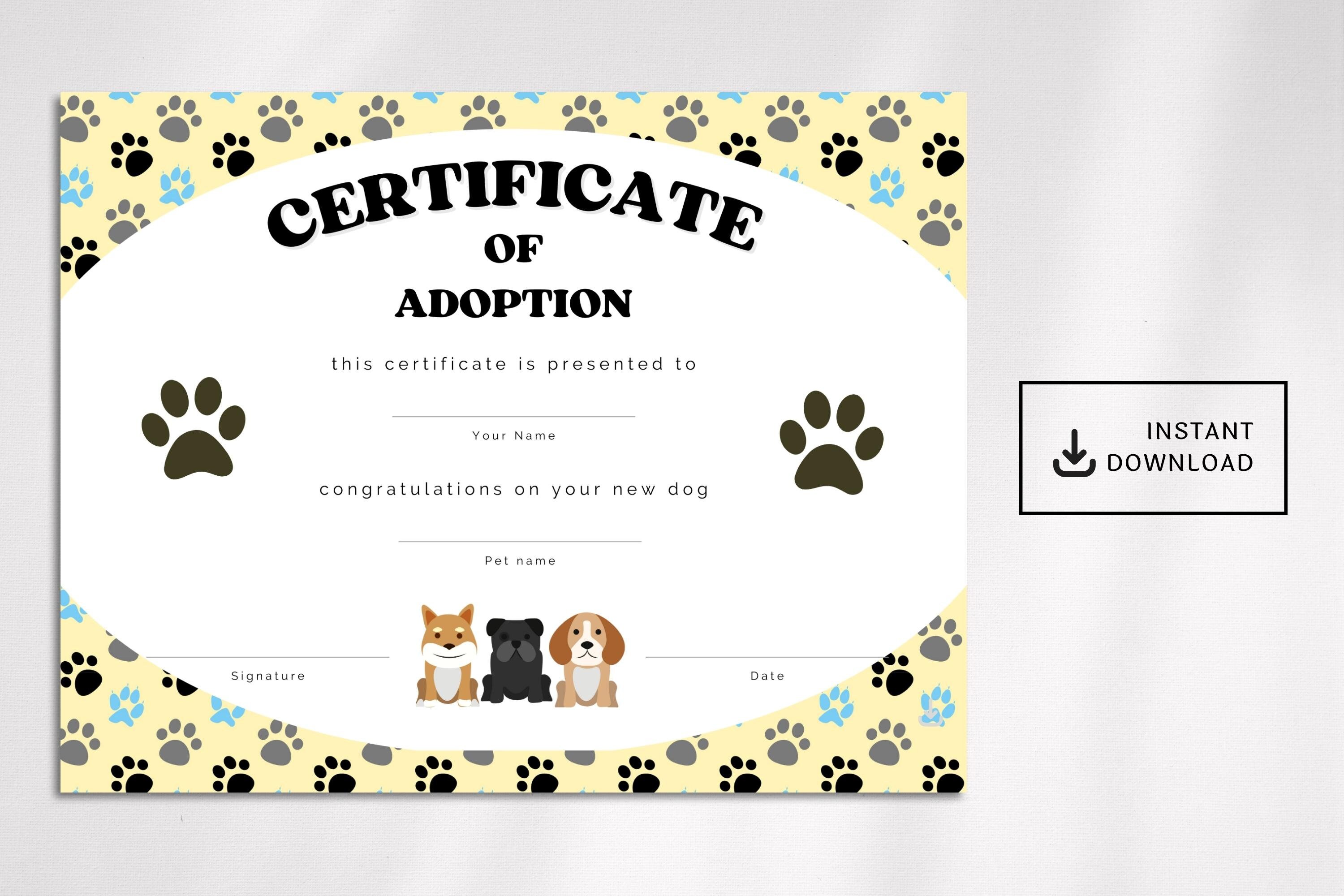Pet Adoption Certificate, Dog Certificate of Adoption, Puppy Adoption ...