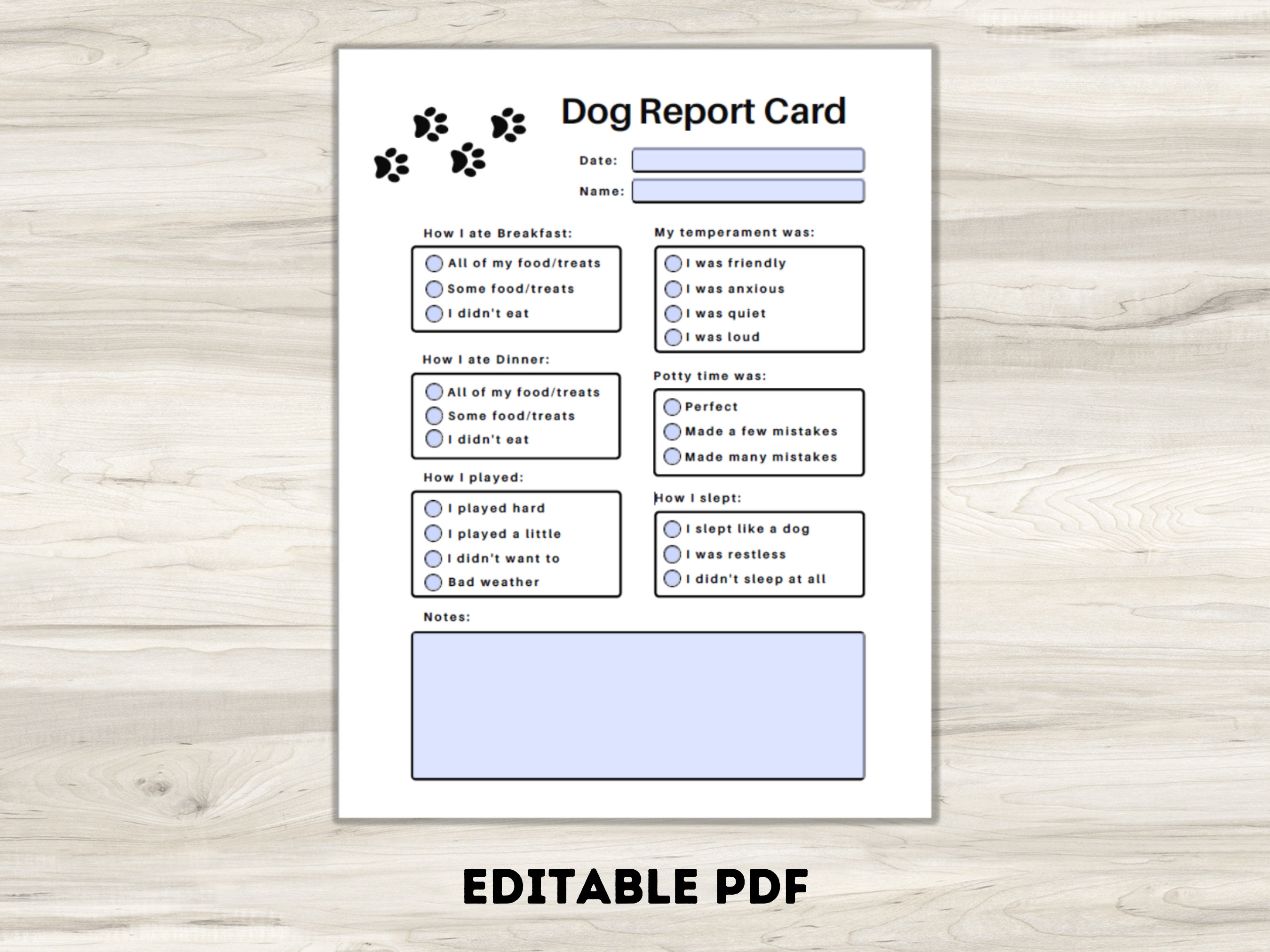 Pet Report Card, Pet Planner, Pet Sitter Notes, Dog Report Card, Dog ...